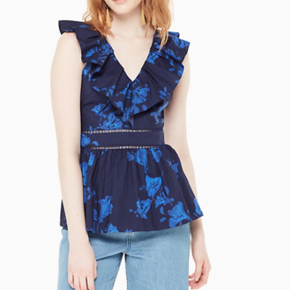 Kate Spade Hibiscus Ruffle Neck Cotton Blouse - Gem
